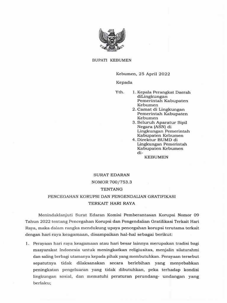 Edaran Pencegahan Gratifikasi Kebumen | PDF