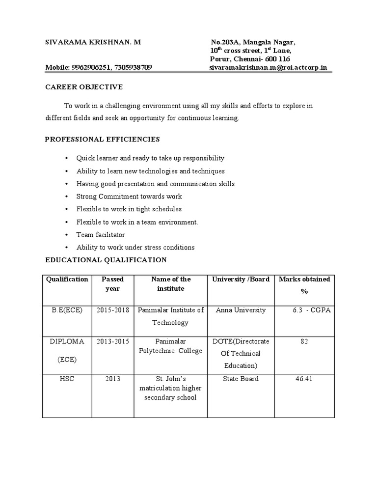 Siva Resume | PDF | Cognition