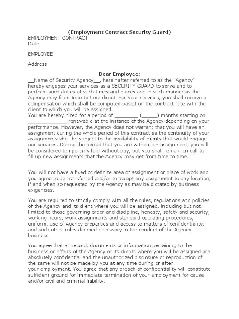 Employment Contract for Security Guard | PDF | Security Guard | Employment