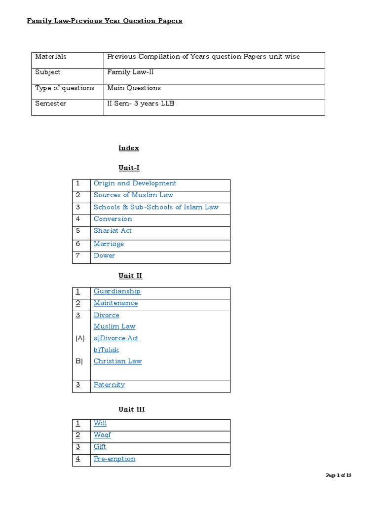 Family Law II: Past Exam Questions | PDF | Divorce | Marriage