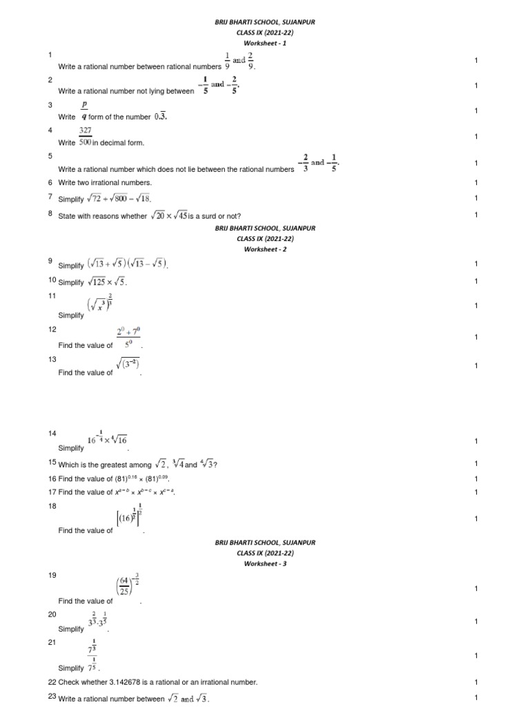 Holiday Homework Maths Class 9th | PDF | Numbers | Rational Number