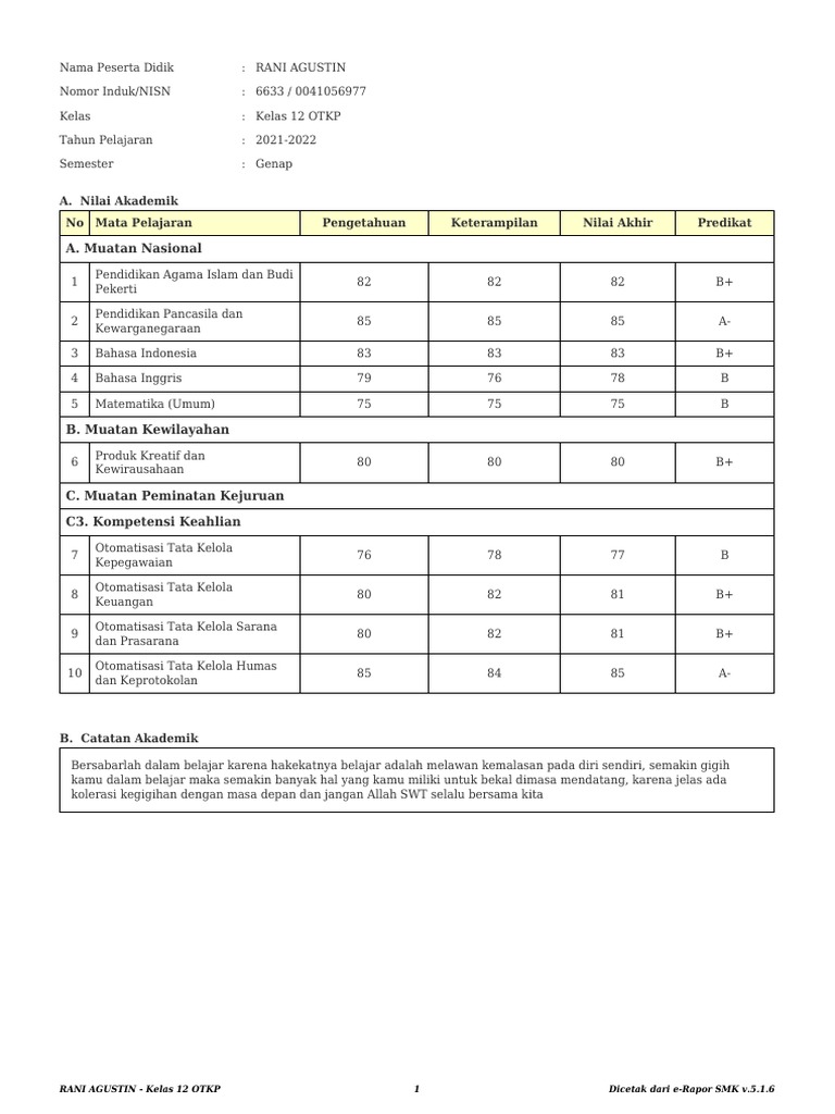 Rapor Rani Agustin Kelas 12 OTKP | PDF