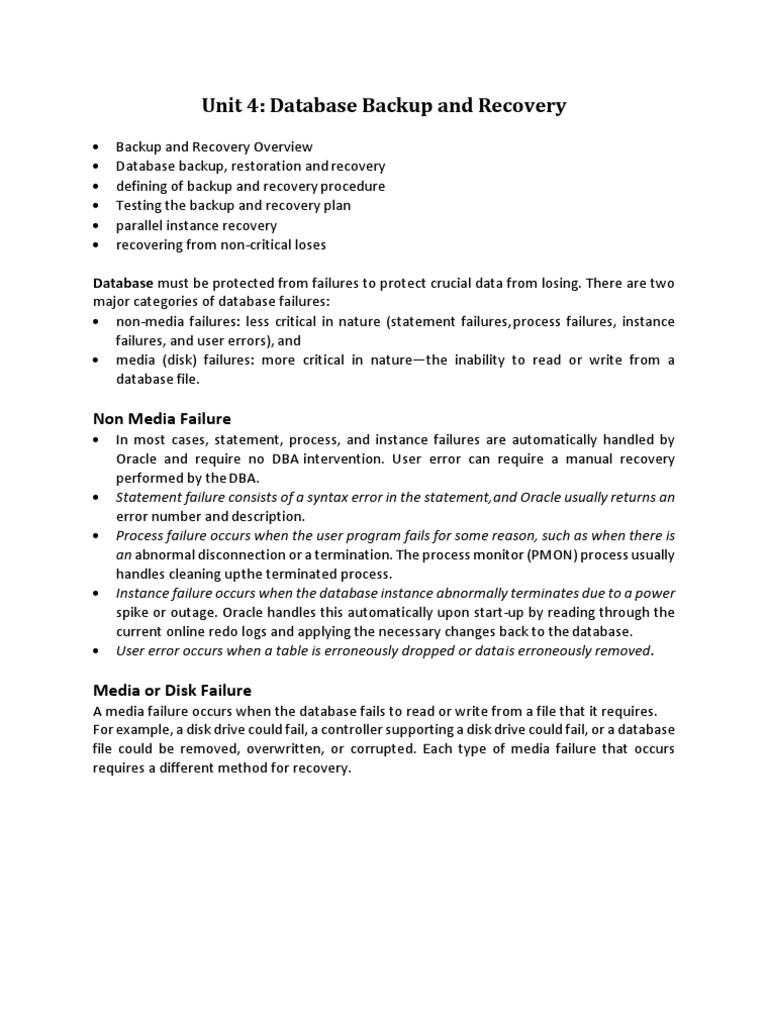Unit 4: Database Backup and Recovery: Non Media Failure | PDF | Backup | Databases