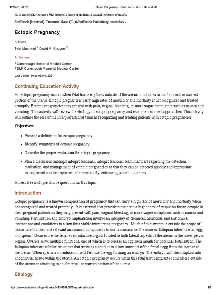 Ectopic Pregnancy - StatPearls - NCBI Bookshelf | PDF | Pregnancy | Uterus