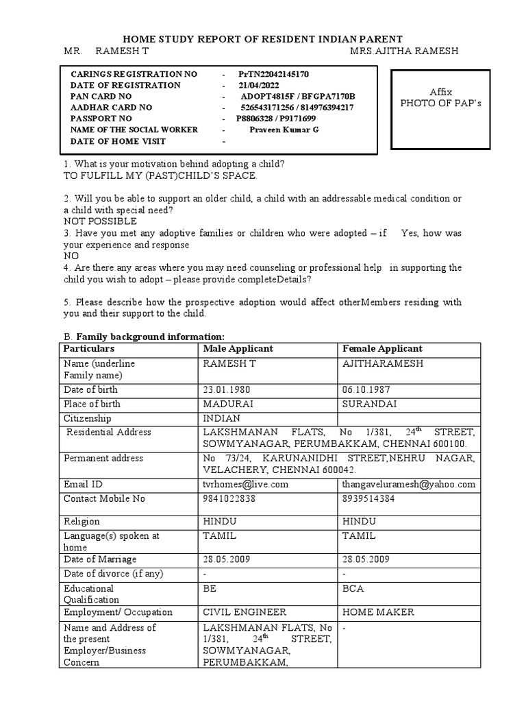 Home Study Report of Resident Indian Parent: Name of The Social Worker ...