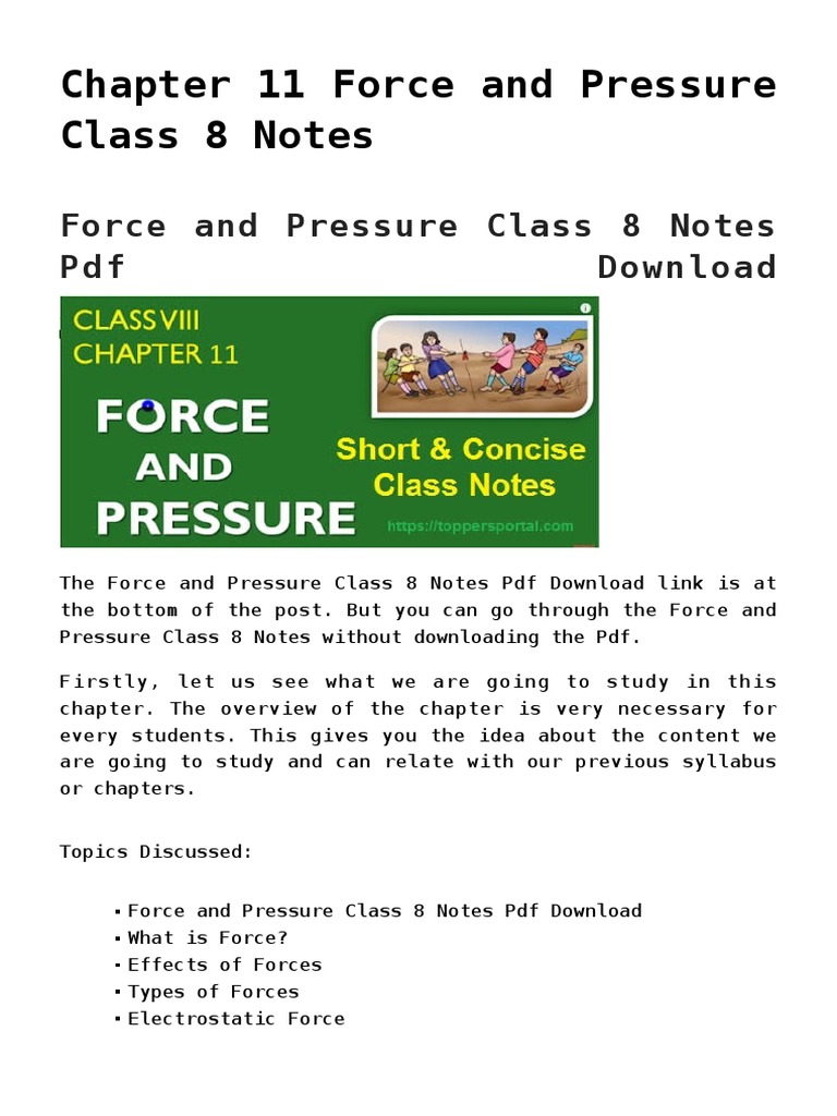 Force and Pressure Class 8 Notes PDF Download | Download Free PDF ...