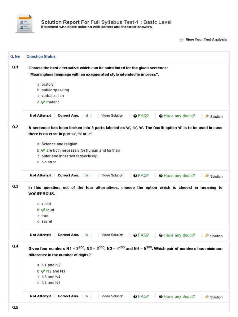 Solution Report For: Full Syllabus Test 1: Basic Level | PDF ...
