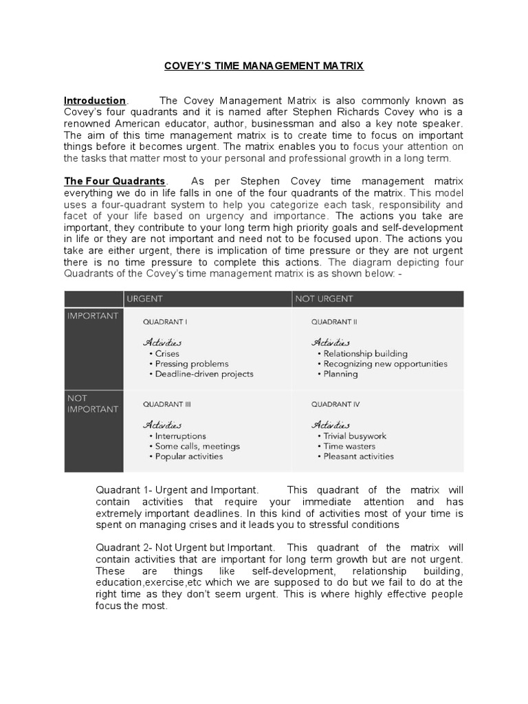 Covey's Time Management Matrix Explained | PDF | Cognition