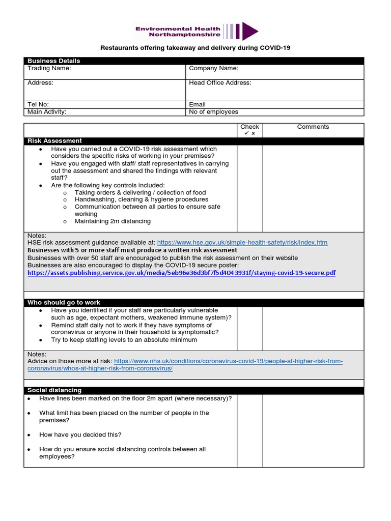 COVID 19 Risk Assessment Form Restaurants Offering Takeaway or Delivery ...