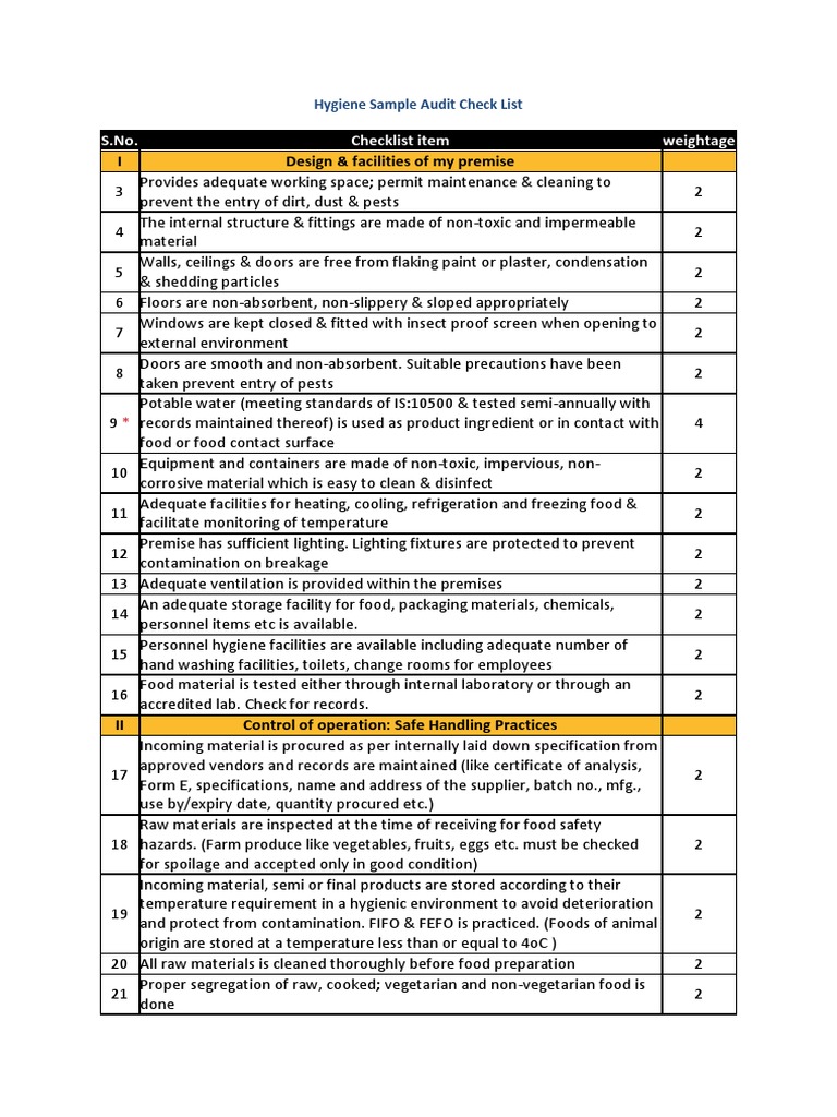 Hygeine sample_checklist | PDF | Foods | Hygiene