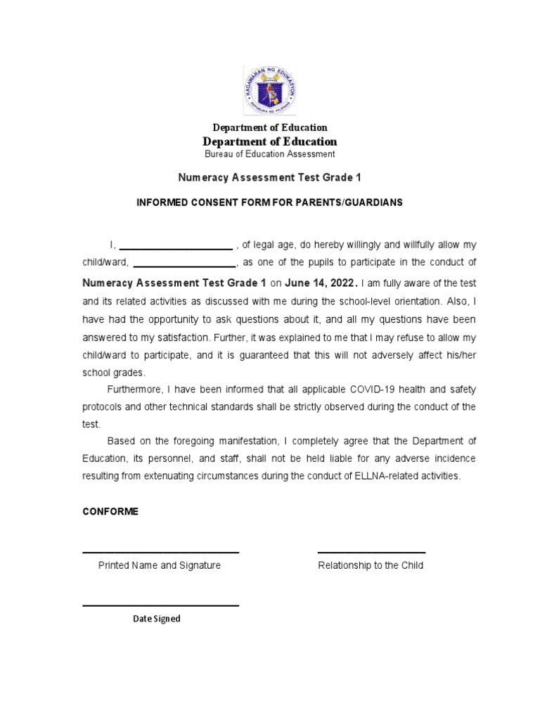 Grade 1 Numeracy Test Consent Form | PDF | Informed Consent | Justice