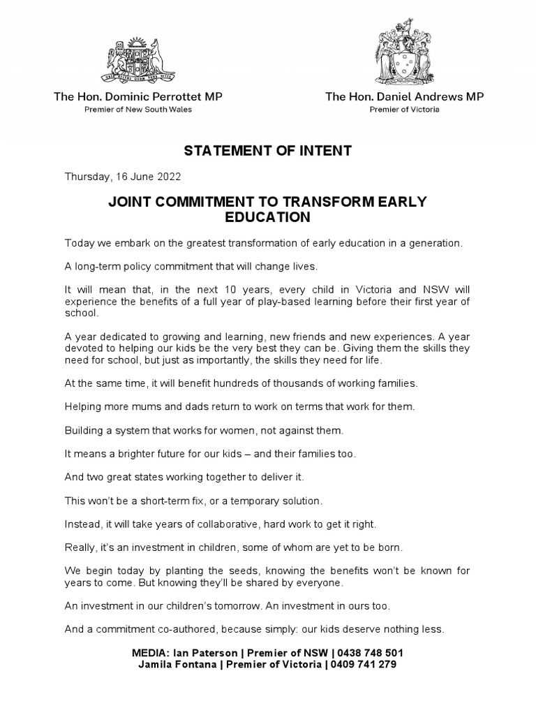 Dominic Perrottet Daniel Andrews - Joint Statement - Joint Commitment ...