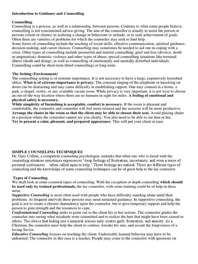 Introduction to Guidance and Counselling Techniques | PDF | Counseling ...