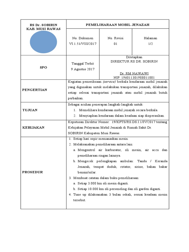 51 SOP Pemeliharaan Mobil Jenazah | PDF