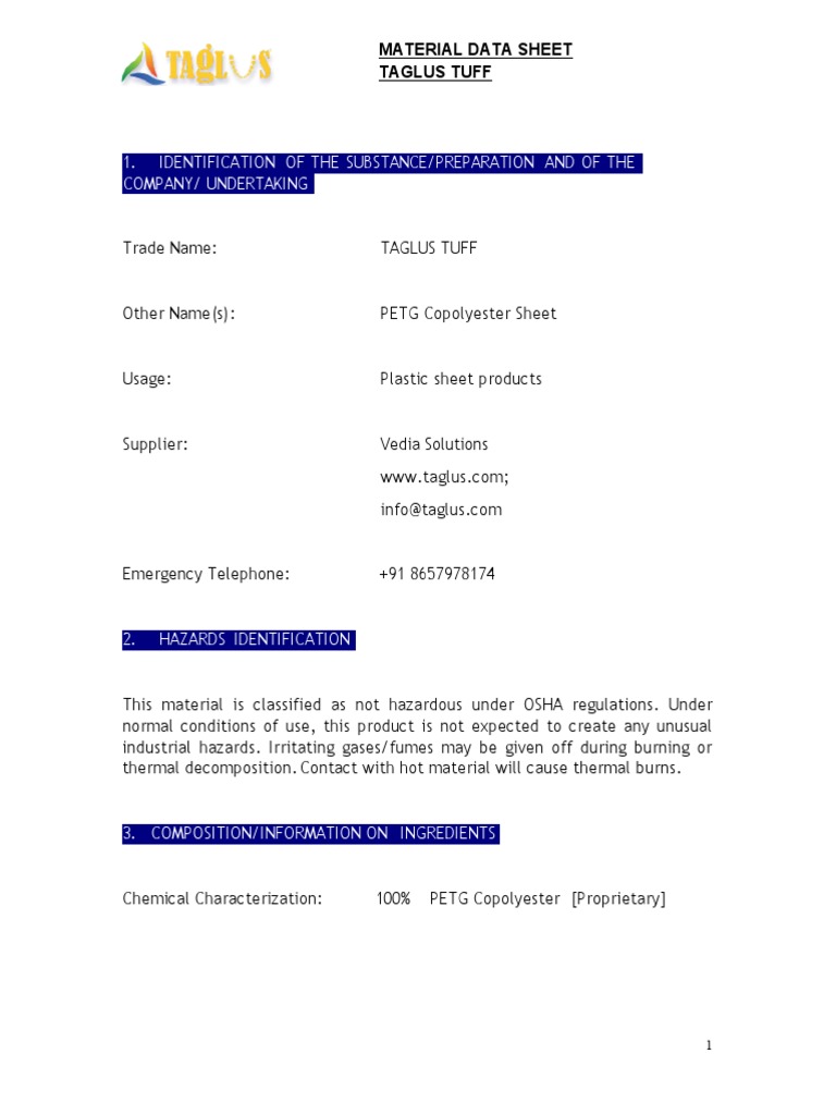 Taglus Tuff PETG Copolyester Sheet | PDF | Dangerous Goods | Toxicity