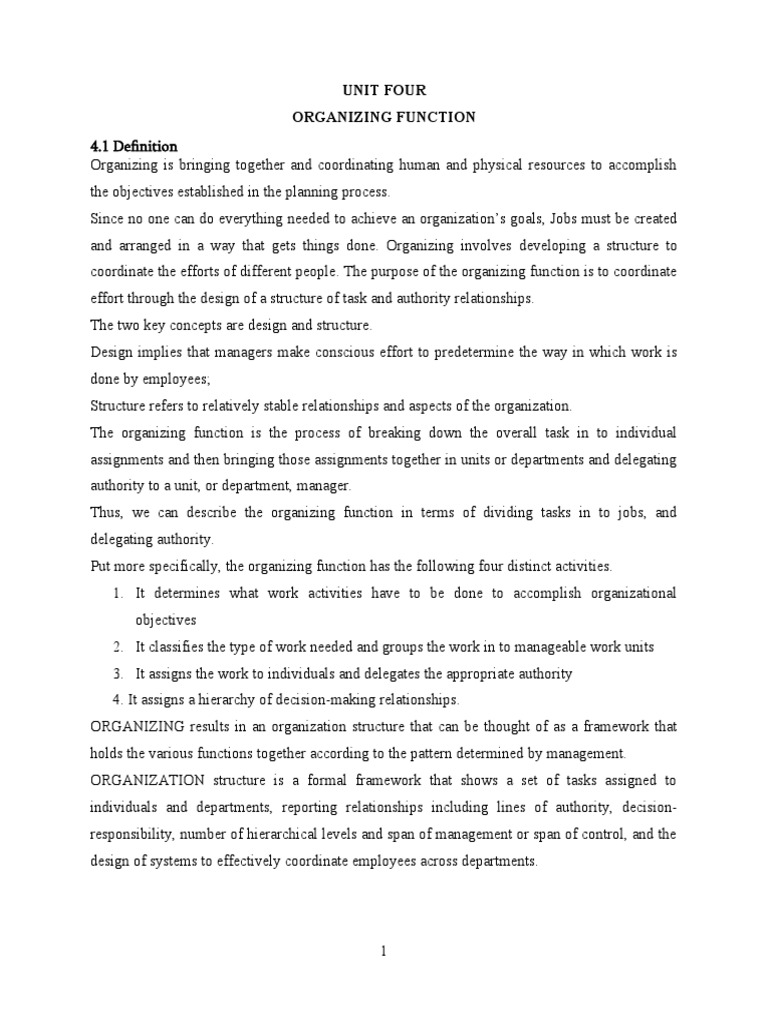 Unit Four Organizing Function | PDF | Division Of Labour | Decentralization