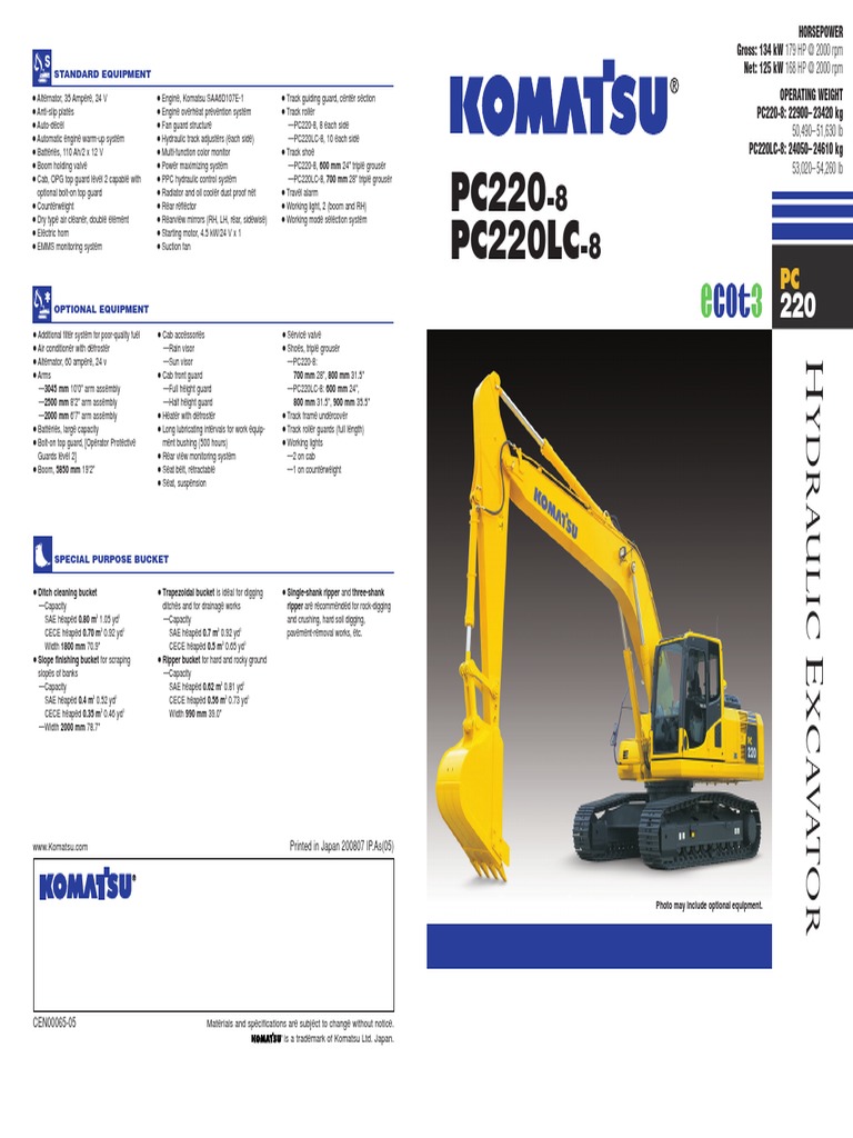Komatsu Crawler 220 Excavator Specs | PDF | Engines | Horsepower