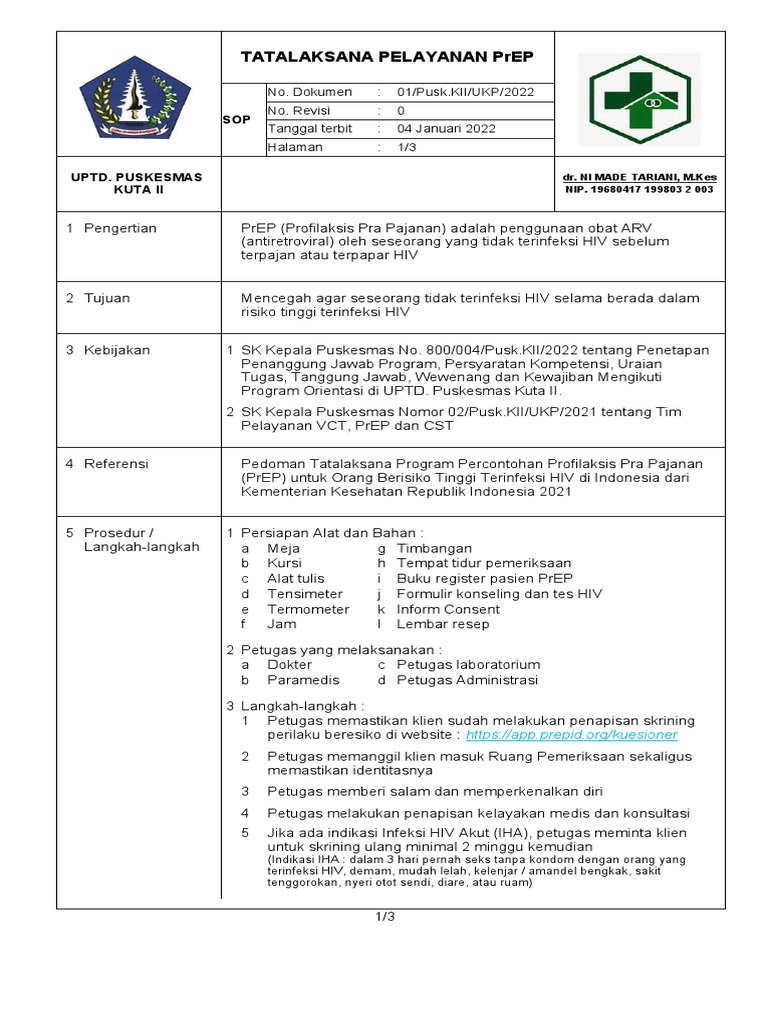 SOP MELAKUKAN TATALAKSANA LAYANAN PrEP | PDF