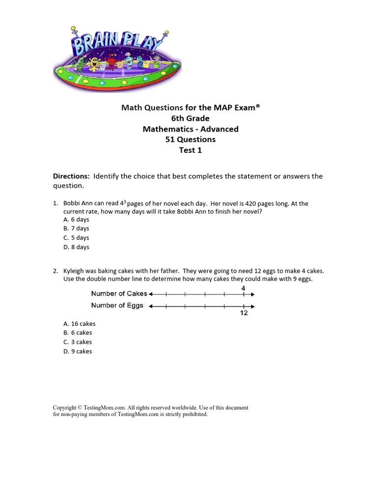 MAP 6th Grade - Math - Test 1 - Advanced | PDF | Area | Elementary ...