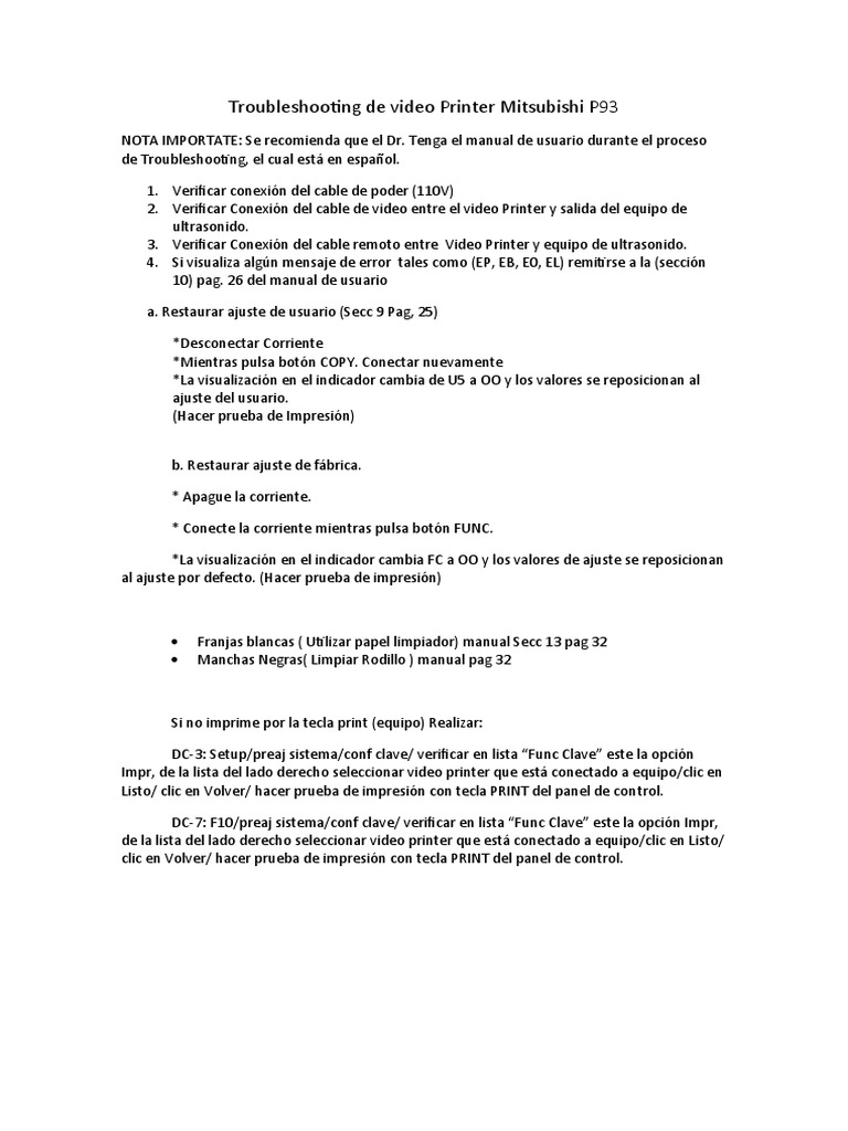 Troubleshooting de Video Printer Mitsubishi P93 | PDF