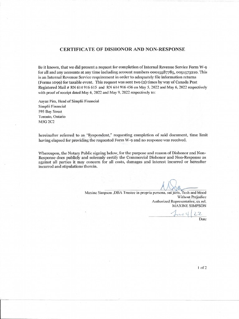 CERTIFICATE OF DISHONOR AND NON-RESPONSE - Re: Financial Institution | PDF