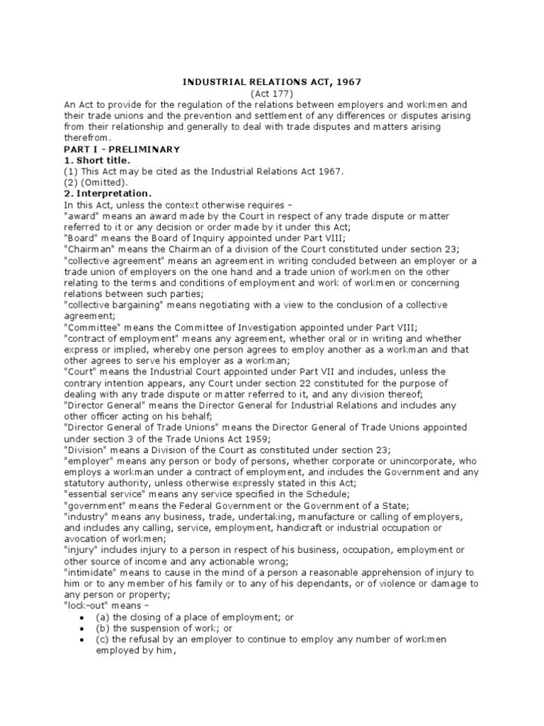 Industrial Relations Act 1967 | Download Free PDF | Employment ...