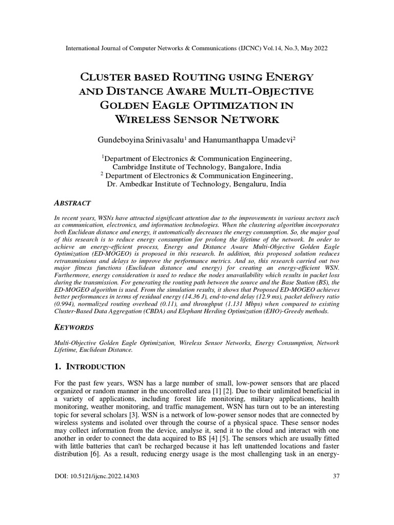 Cluster Based Routing Using Energy And Distance Aware Multi Objective Golden Eagle Optimization