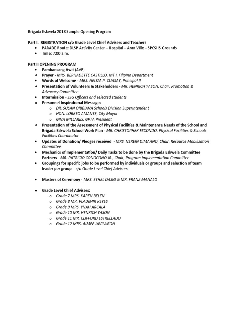Brigada Eskwela 2018 Sample Opening Program | PDF