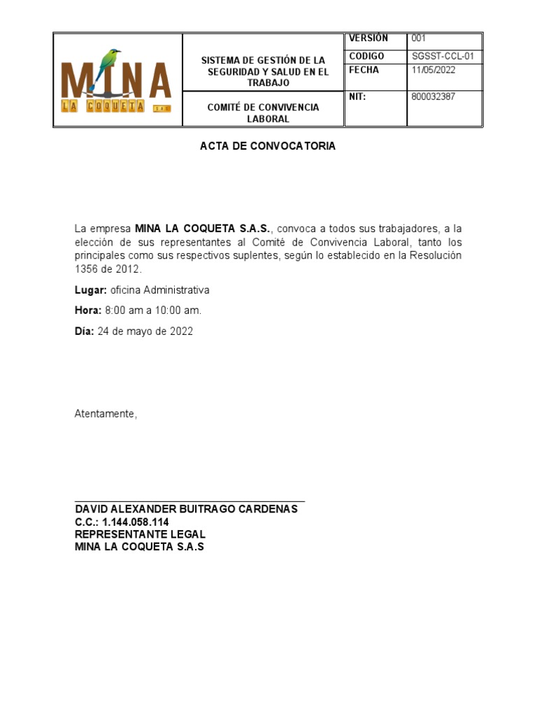ACTA DE CONVOCATORIA COCOLA | PDF ACTA DE CONVOCATORIA COCOLA | PDF
