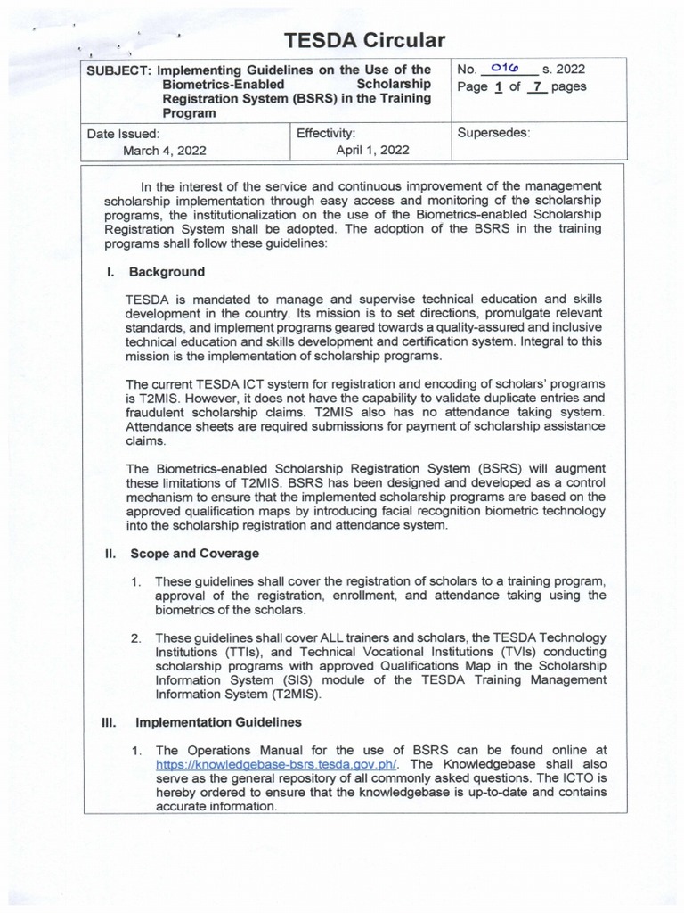 TESDA Circular No. 016 2022 Implementing Guidelines On The Use of The ...