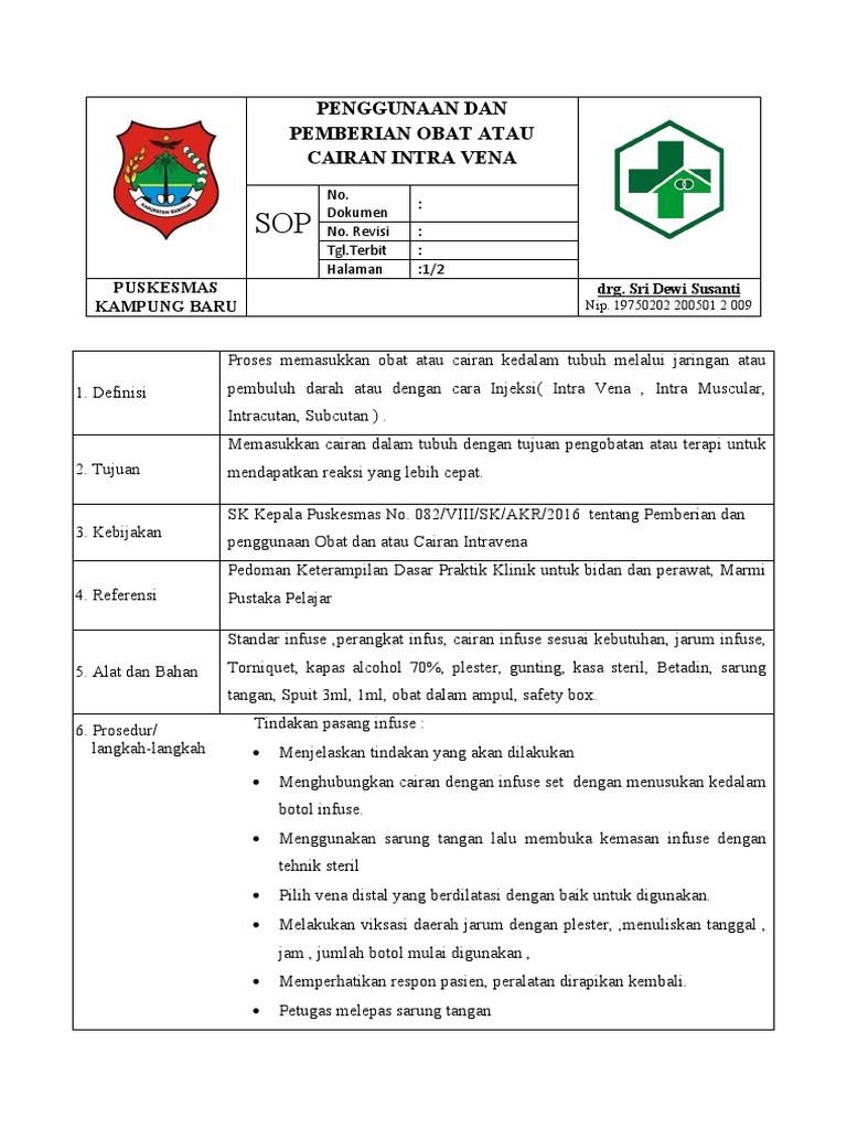 SOP Penggunaan Dan Pemberian Obat Atau Cairan Intravena | PDF