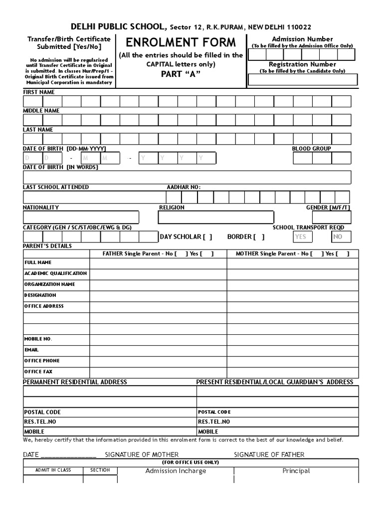 Enrolment Form: Delhi Public School | PDF | Health Sciences | Health Care