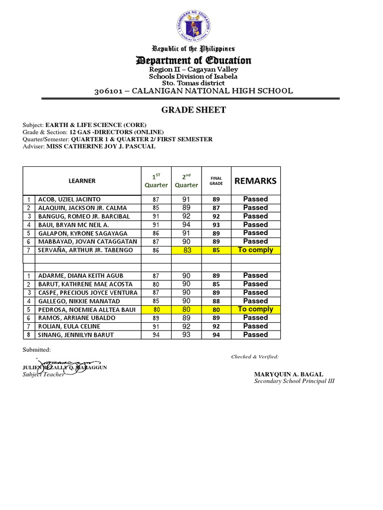 Department of Education: Grade Sheet | PDF