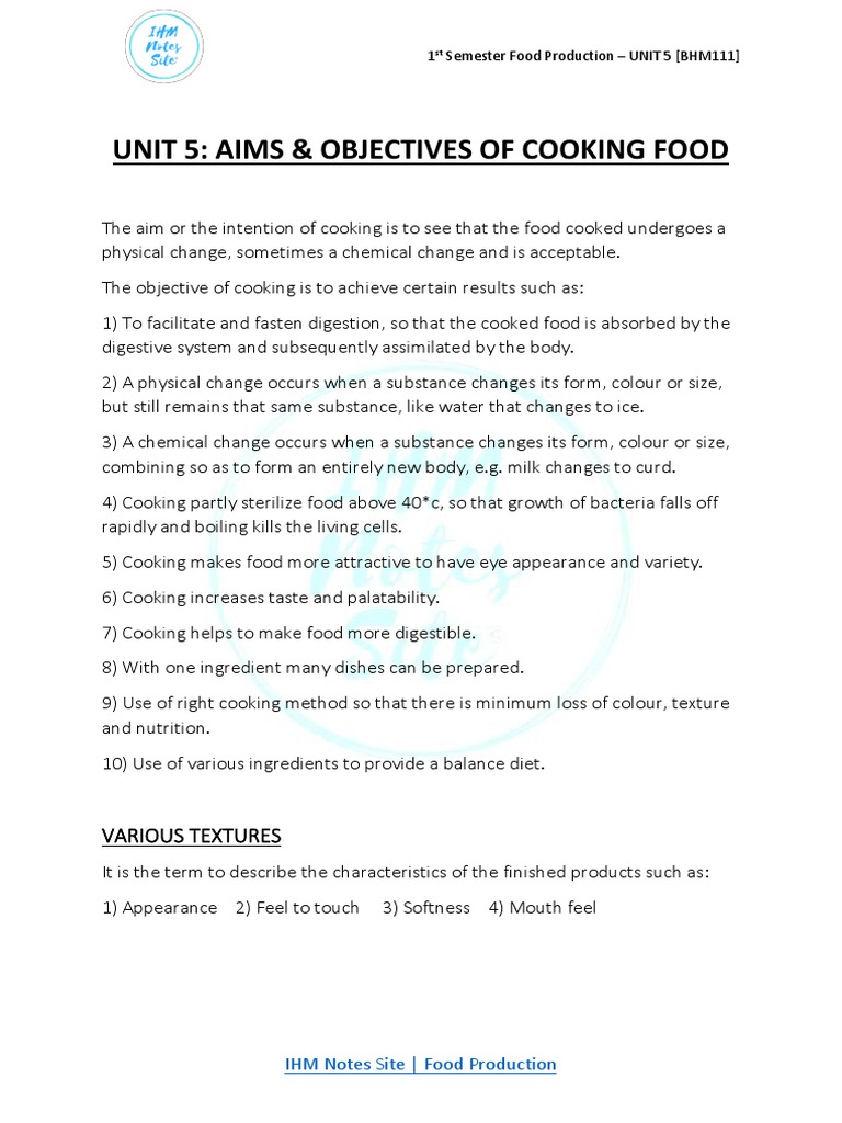 UNIT 05 Aims & Objects of Cooking Food | PDF | Foods | Cooking