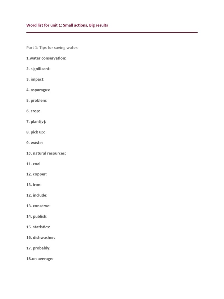 Part 1: Tips For Saving Water:: Word List For Unit 1: Small Actions ...