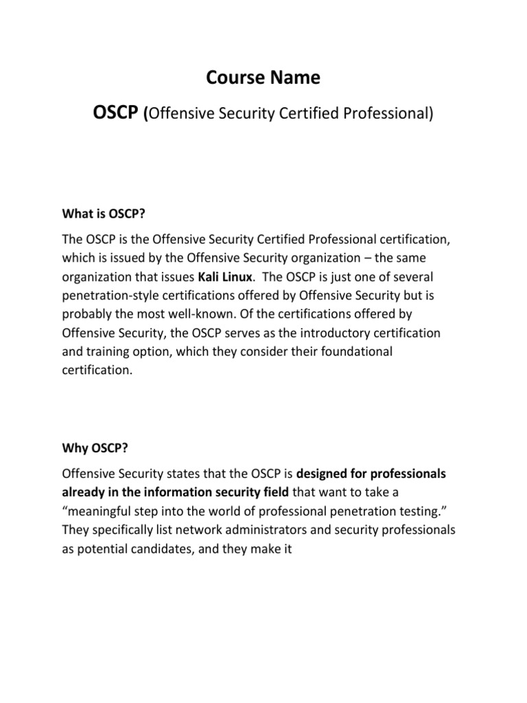 Course Name Oscp: (Offensive Security Certified Professional ...