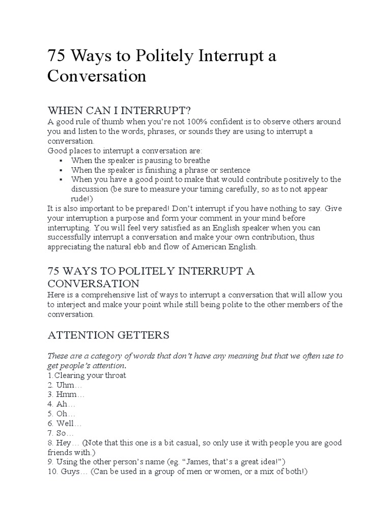 75 Ways To Politely Interrupt A Conversation | PDF | Conversation ...