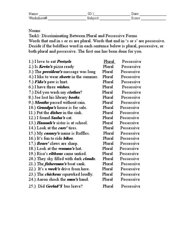 Plural vs. Possessive Nouns Worksheet | PDF | Language Arts & Discipline