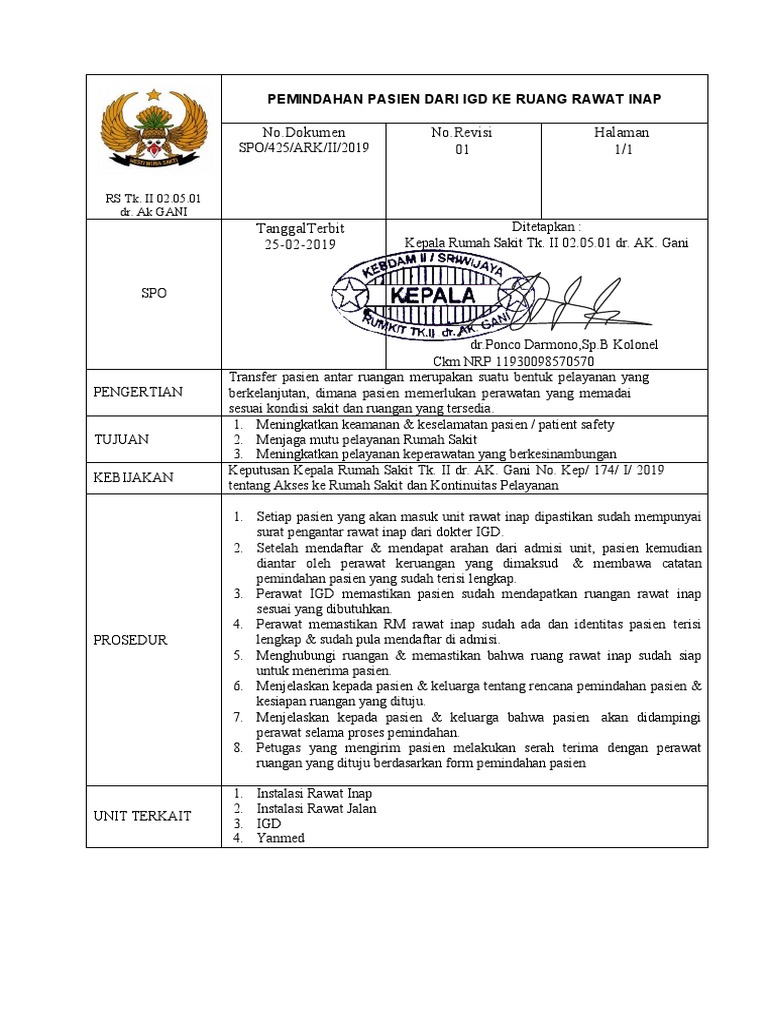 Spo Pemindahan Pasien Dari Ugd Ke Ruang Rawat Inap | PDF