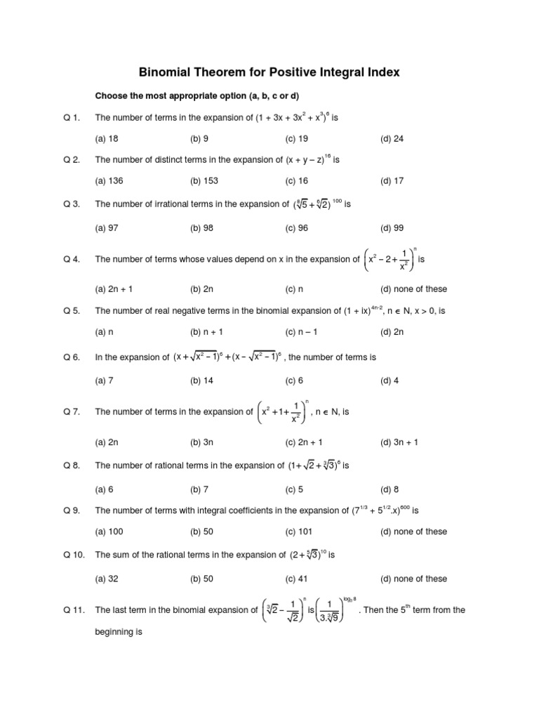 06 - Binomial Theorem For Positve Integral Index | PDF | Numbers ...