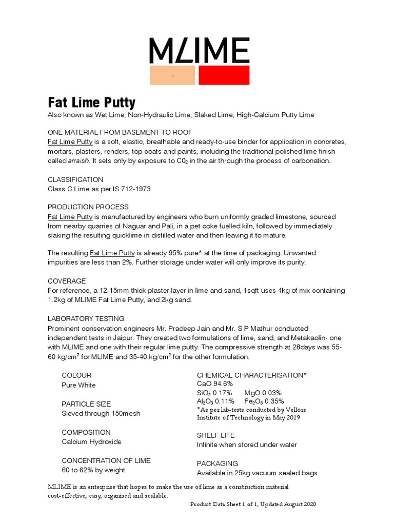Fat Lime Putty: Product Data Sheet 1 of 1, Updated August 2020 | PDF