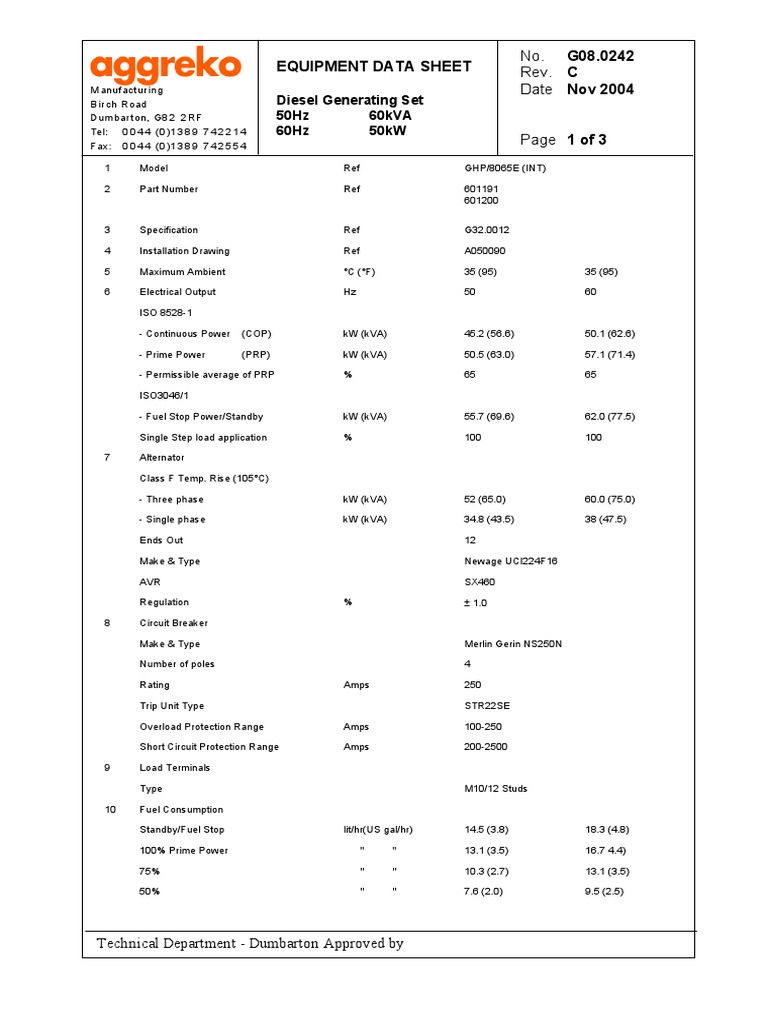 Equipment Data Sheet: Diesel Generating Set 50Hz 60kVA 60Hz 50kW | PDF ...