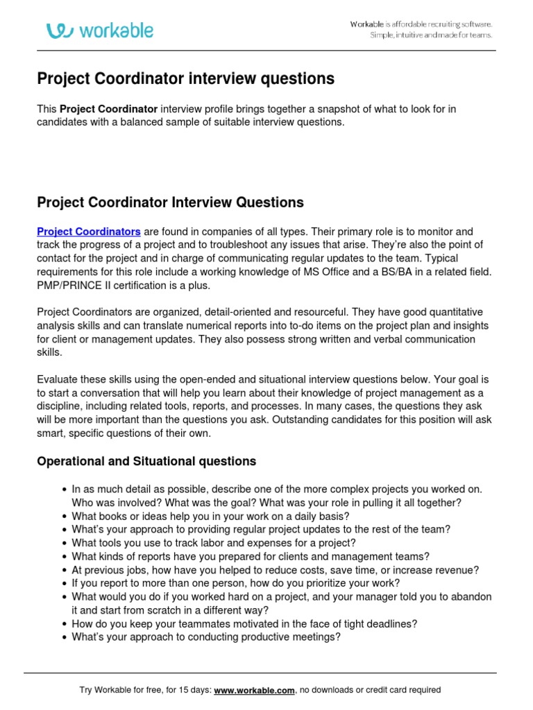 Project Coordinator Interview Questions | Download Free PDF | Interview ...