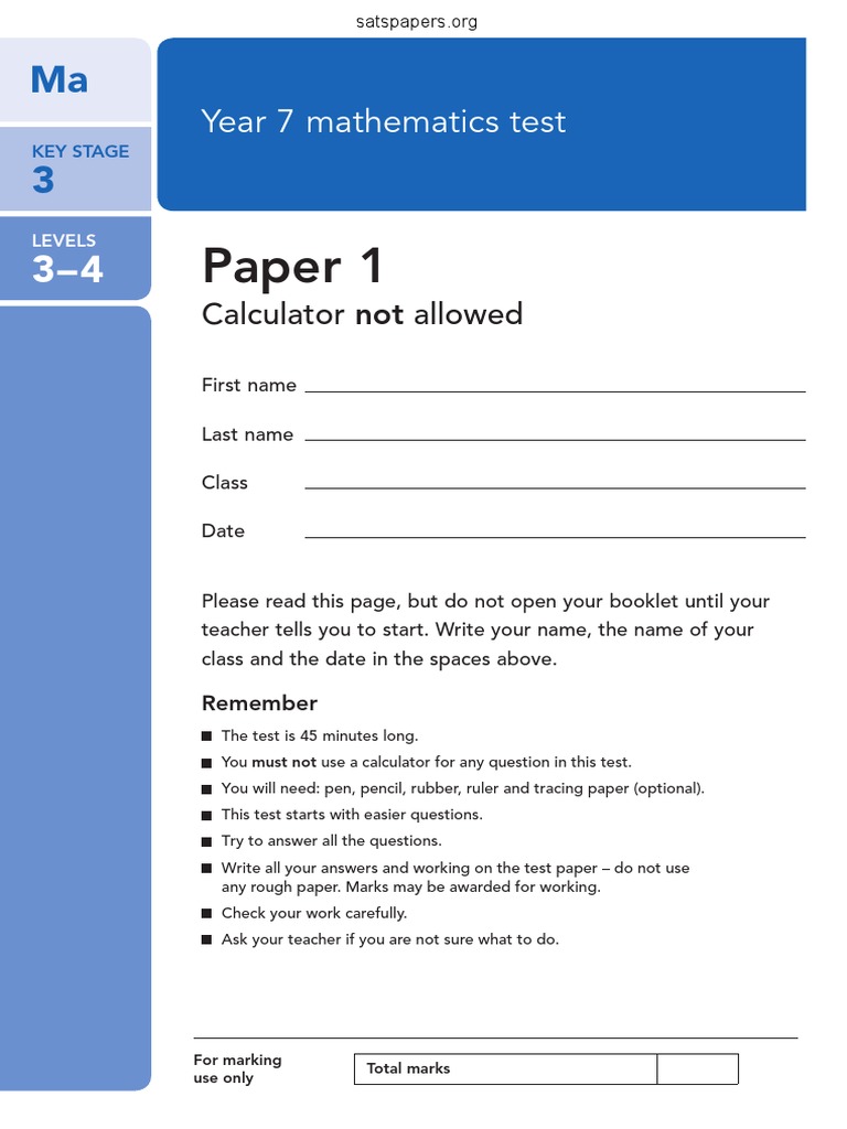 KS3 Year 7 Maths SAT 2011 - Paper 1 - Level 3-4 | PDF | Litre | Triangle