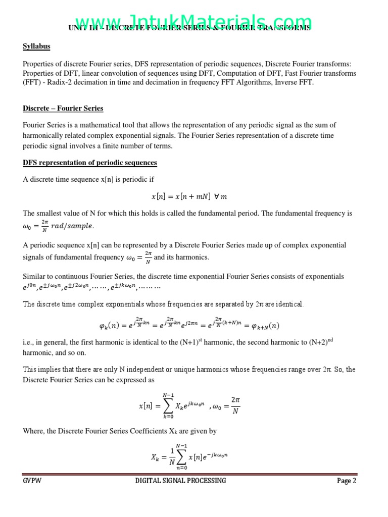 Unit Iii - Discrete Fourier Series & Fourier Transforms Syllabus | PDF ...