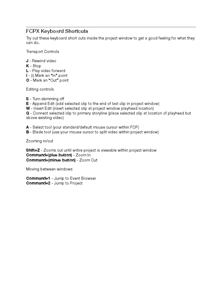 FCPX Keyboard Shortcuts | PDF | Computers