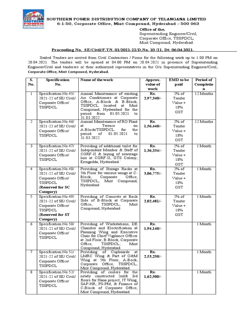 Superintending Engineer/Civil, Corporate Office, TSSPDCL, Mint Compound ...