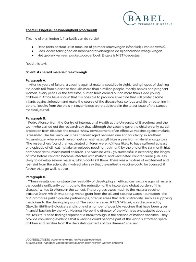 Toets C: Engelse Leesvaardigheid (Voorbeeld) | PDF | Malaria | Vaccines