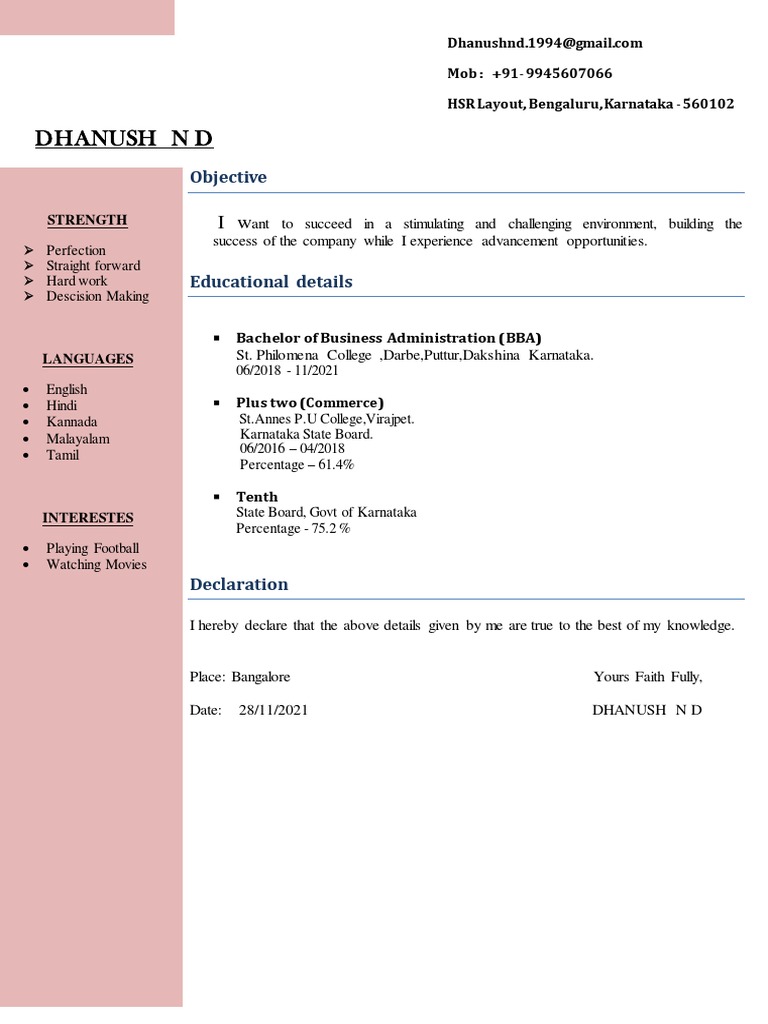 Dhanush N D: Objective | PDF