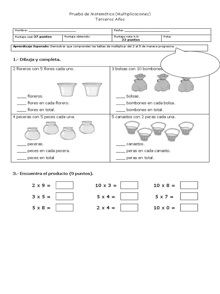 Prueba de Multiplicación para Tercero | PDF | Matemáticas